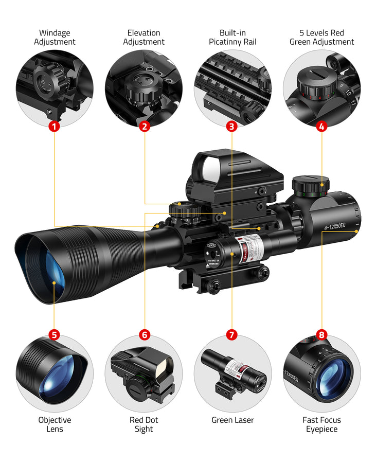 Cvlife EagleFeather Rifle Scope Combo 4-12x50EG Dual Illuminated Optic ...