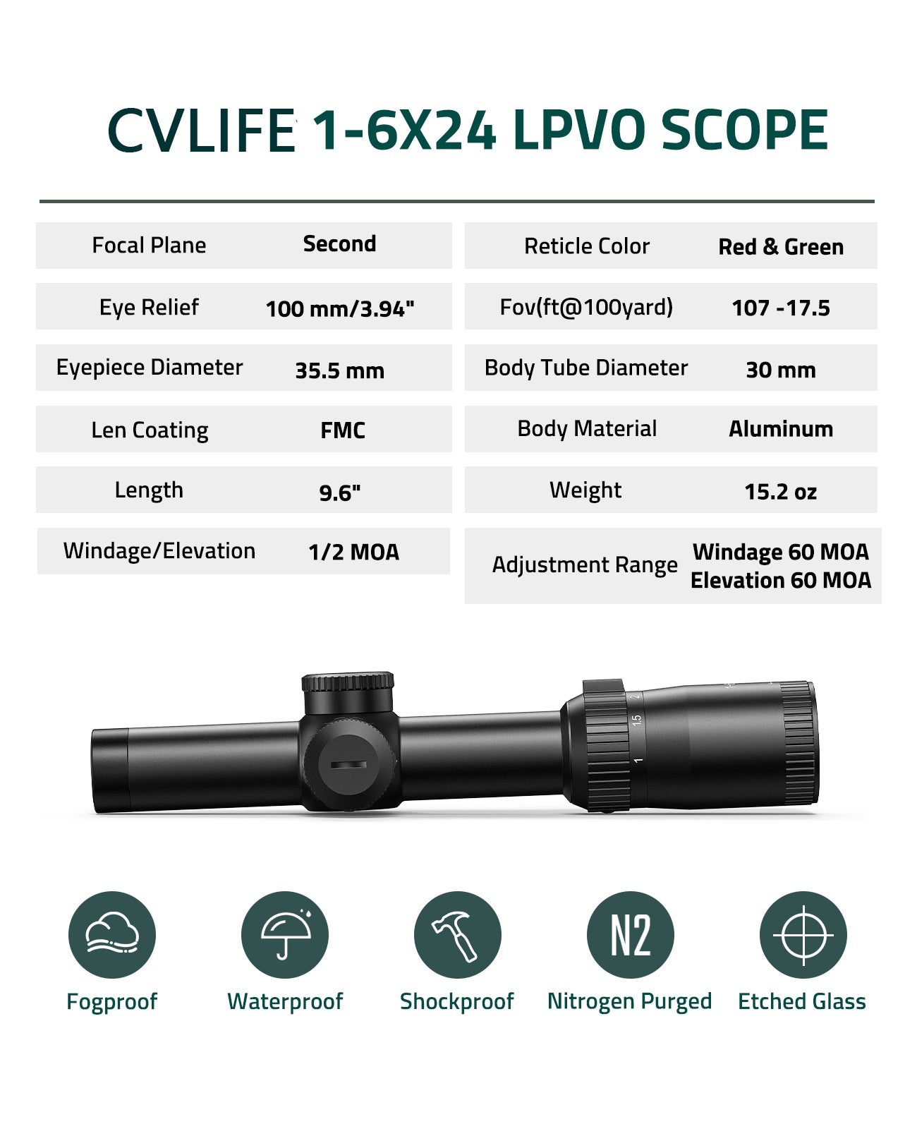 CVLIFE EagleFeather 1-6X24 LPVO Rifle Scope with Illuminated BDC Retic