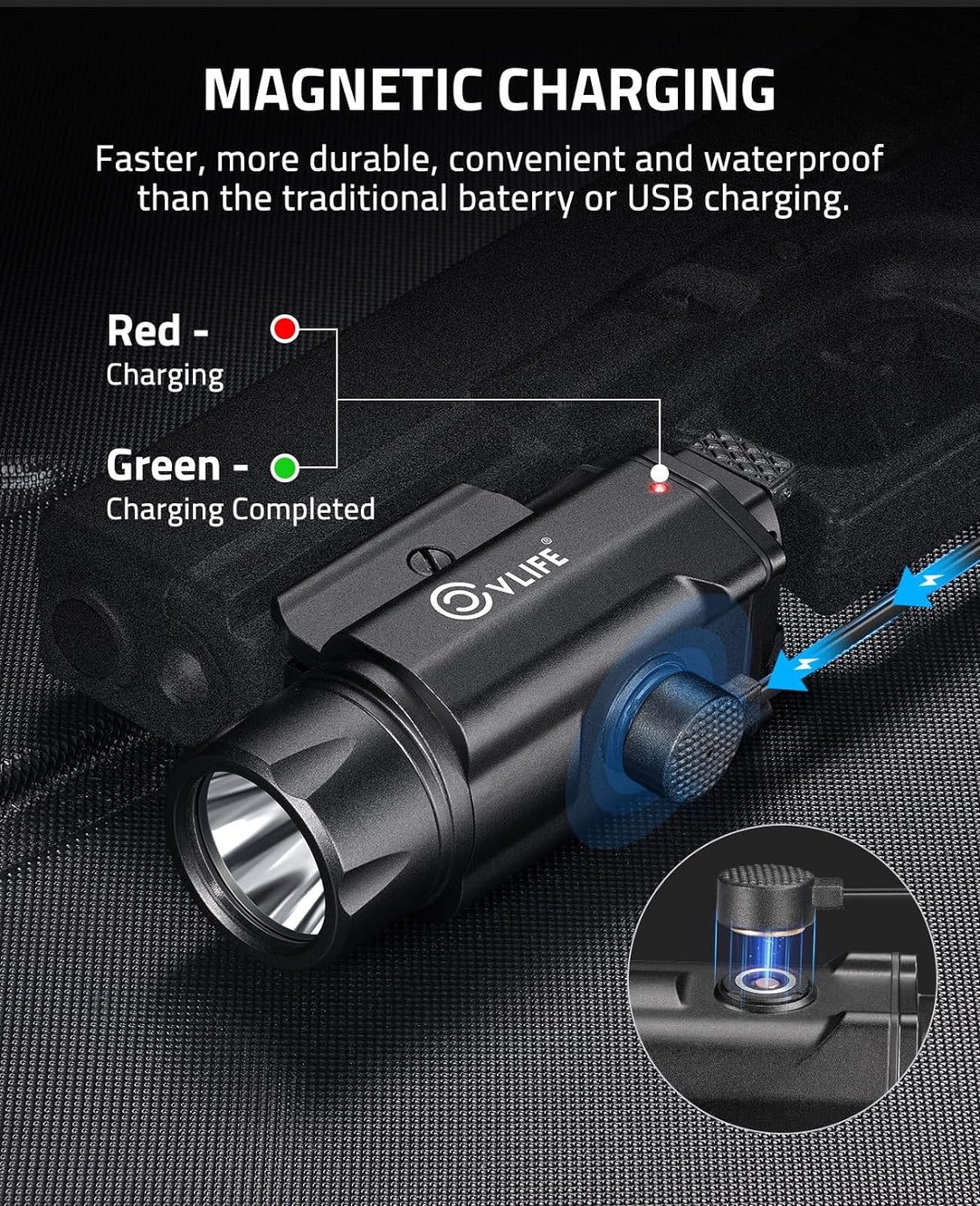 CVLIFE 1500 Lumens Pistol Flashlight Magnetic Rechargeable