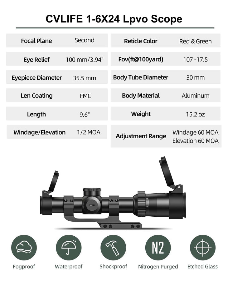 CVLIFE EagleFeather 1-6X24 LPVO Rifle Scope with 5 Levels Red & Green