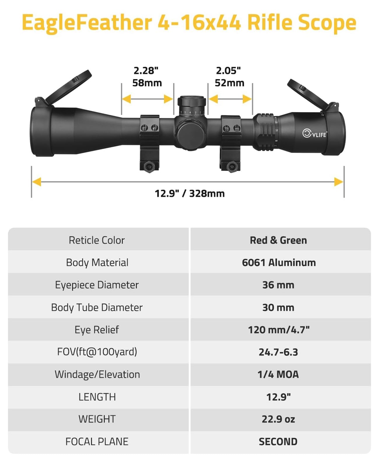 CVLIFE EagleFeather 4-16X44 Side Focus Rifle Scope for Hunting