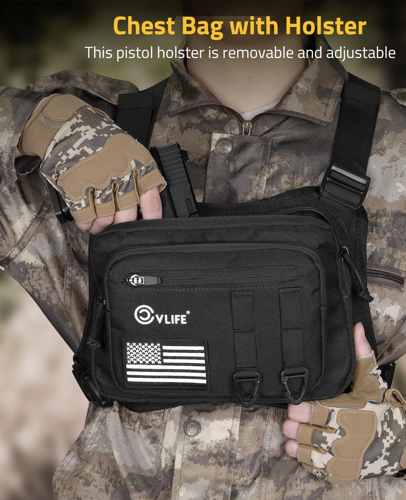 CVLIFE Chest Bag with Pistol Holster - Adjustable Molle Vest for Men,
