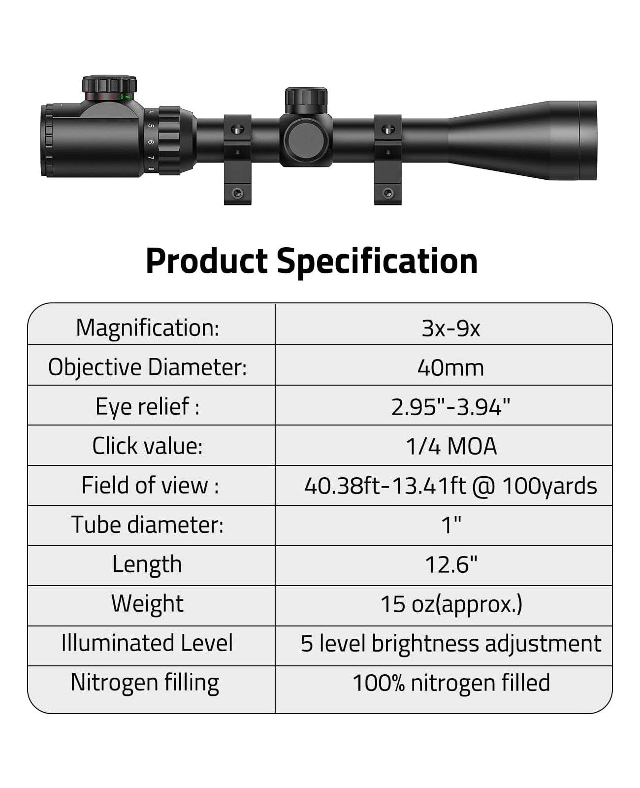 CVLIFE FoxSpook 3-9x40 Rifle Scope Dual Illuminated Optical Scope with