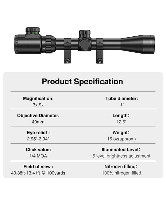 CVLIFE FoxSpook 3-9x40 Rifle Scope Red & Green Illuminated Optical Sco